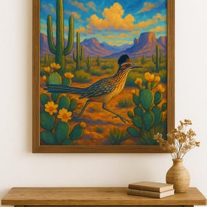 Roadrunner and Blooming Cactus – Desert Wildlife Wall Art | Vibrant ...