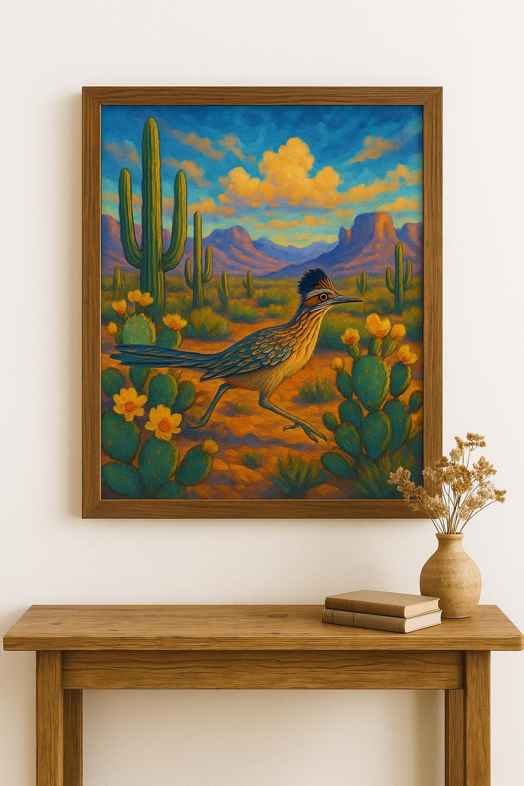 Roadrunner and Blooming Cactus – Desert Wildlife Wall Art | Vibrant ...