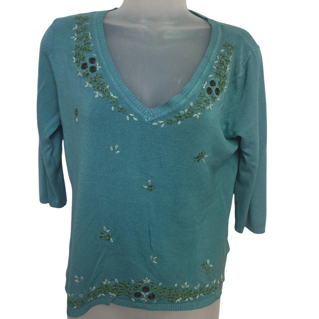 Vintage 90s Phoebe Teal Blue Embroidered V Neck 3/4 Sleeve Sweater Top ...