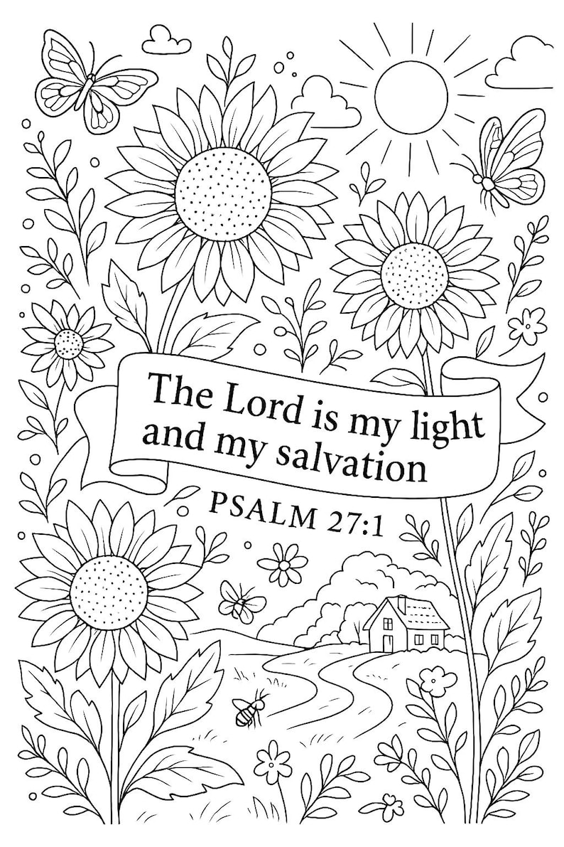 Psalm 27:1 Sunflower Coloring Page | Christian Scripture Coloring Sheet ...