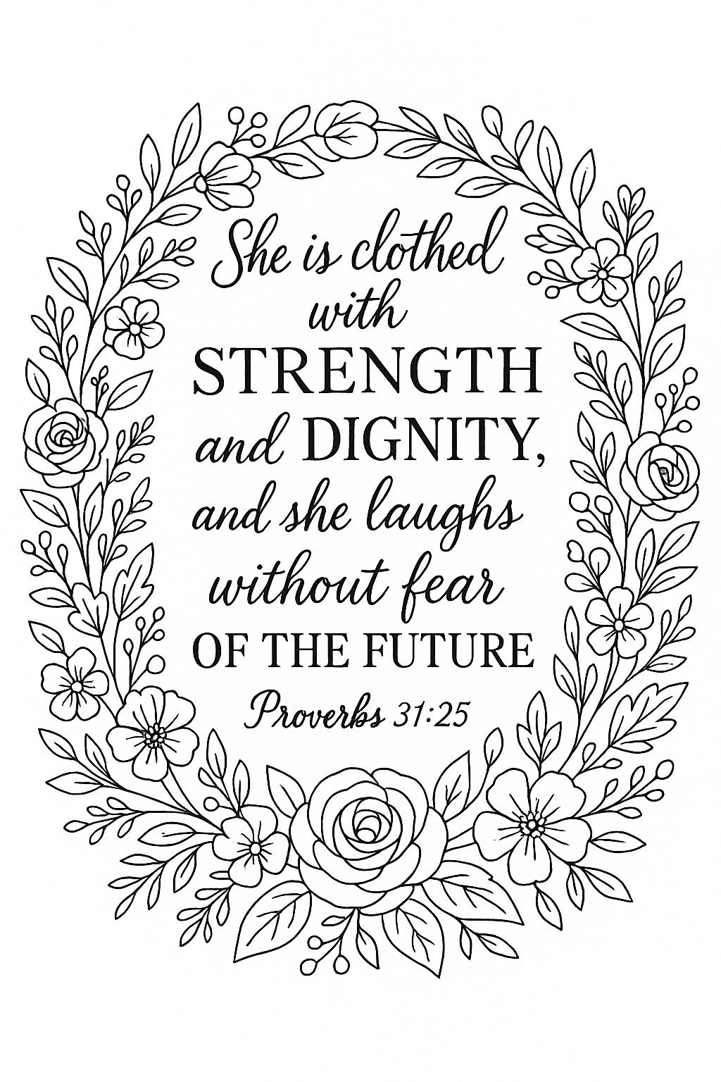 Proverbs 31:25 Scripture Coloring Page | Printable Bible Verse Art ...