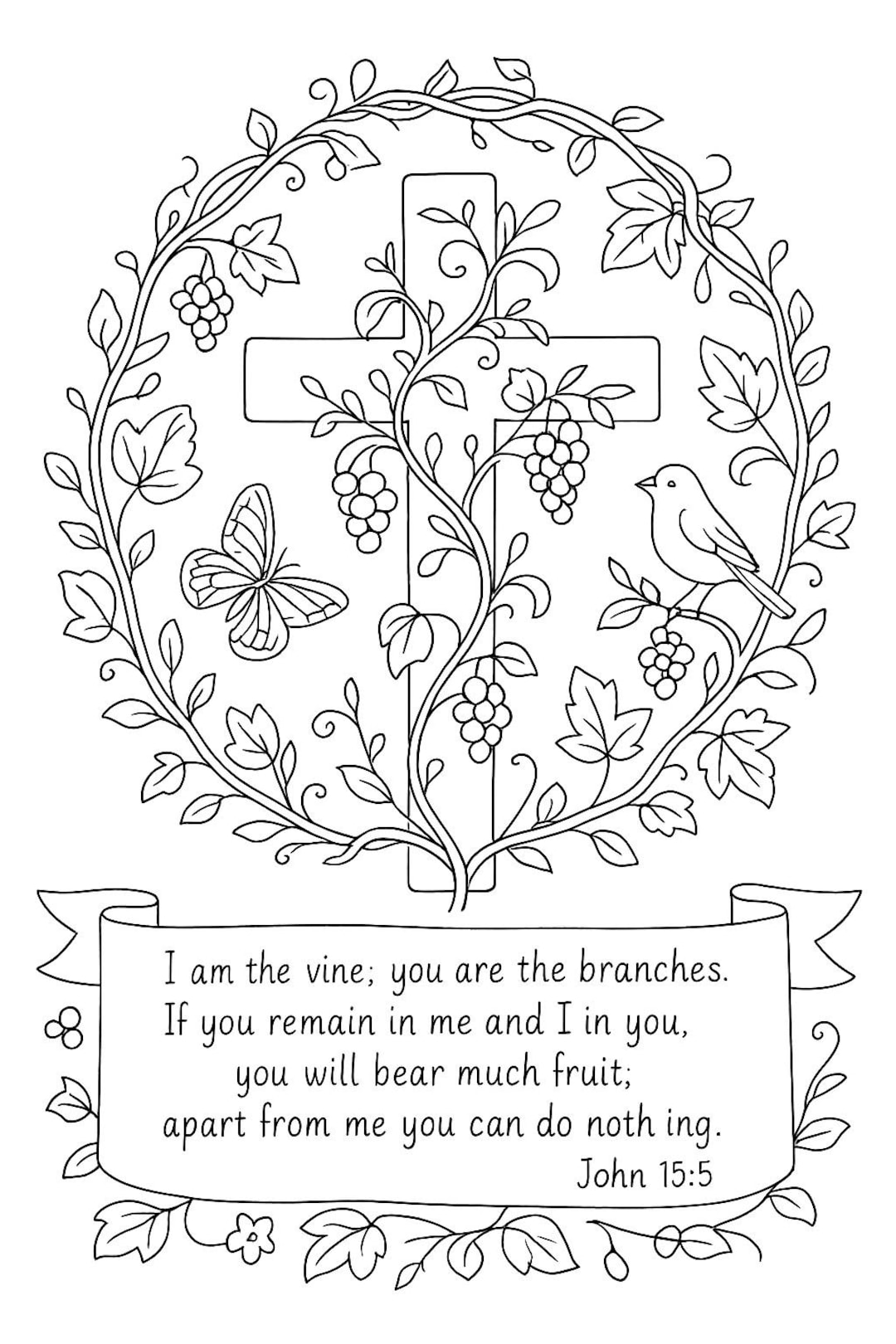 Christian Coloring Page + Bible Study Guide Bundle | John 15:5 Vine ...