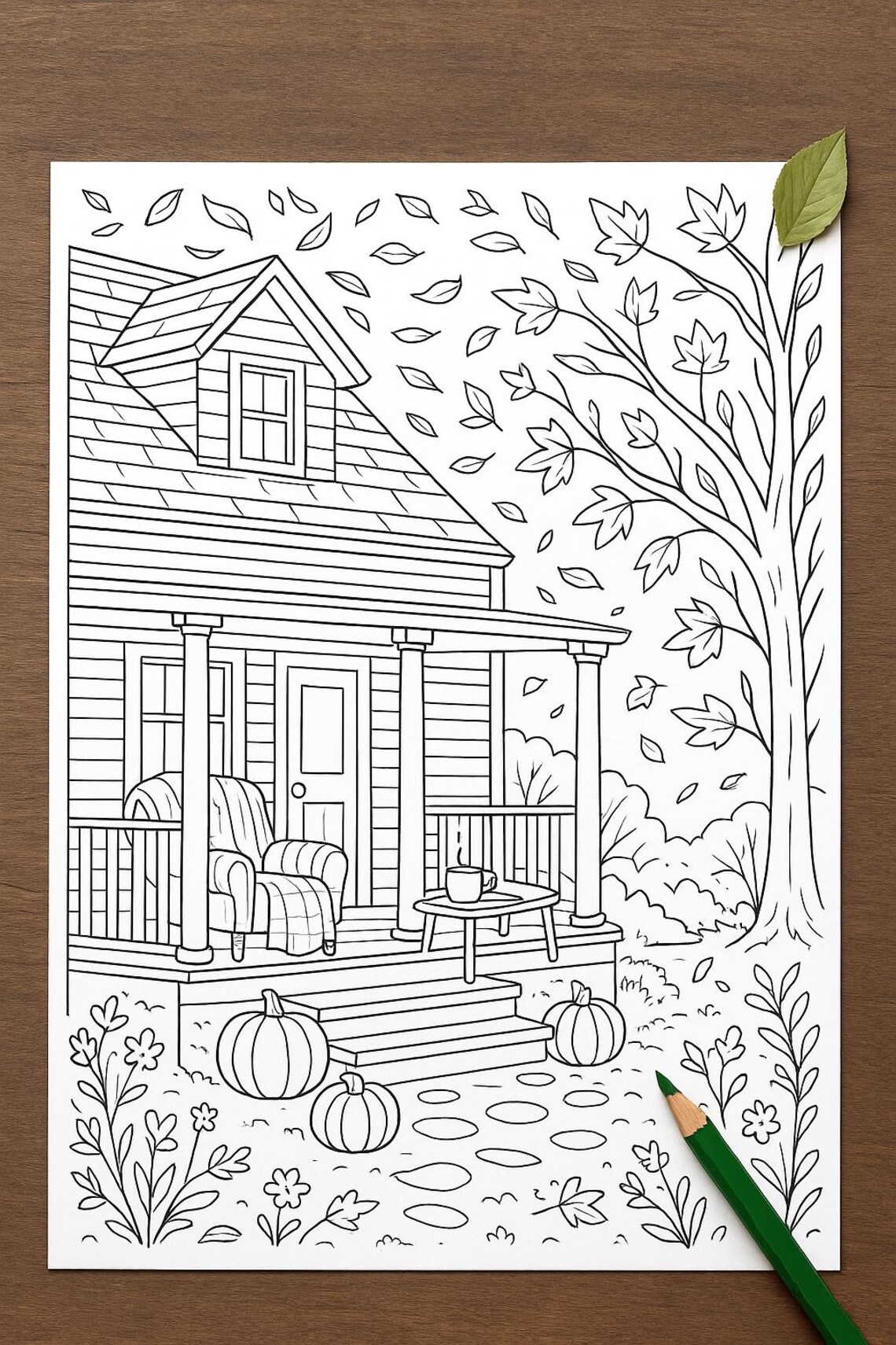 Cozy Fall Porch Coloring Page | Autumn House With Pumpkins, Leaves ...