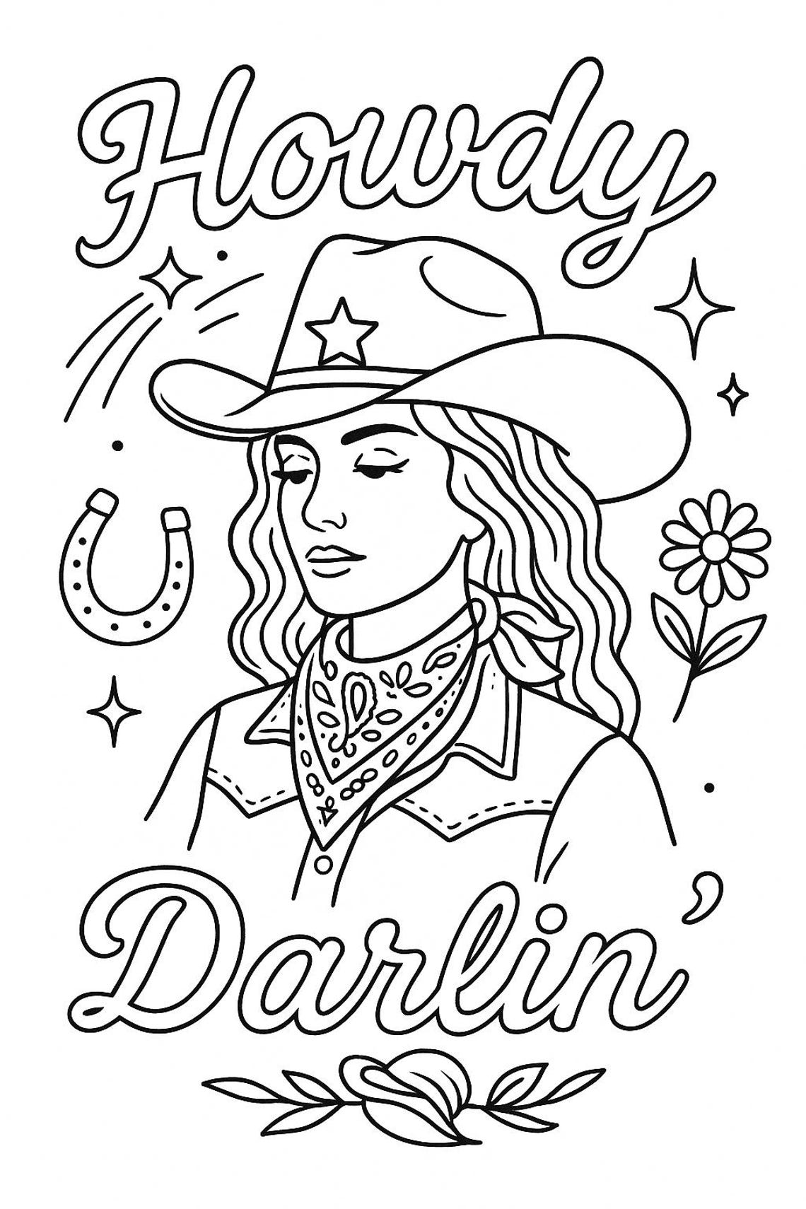 Boho Cowgirl Coloring Page | Howdy Darlin’ Western Printable | Line Art ...