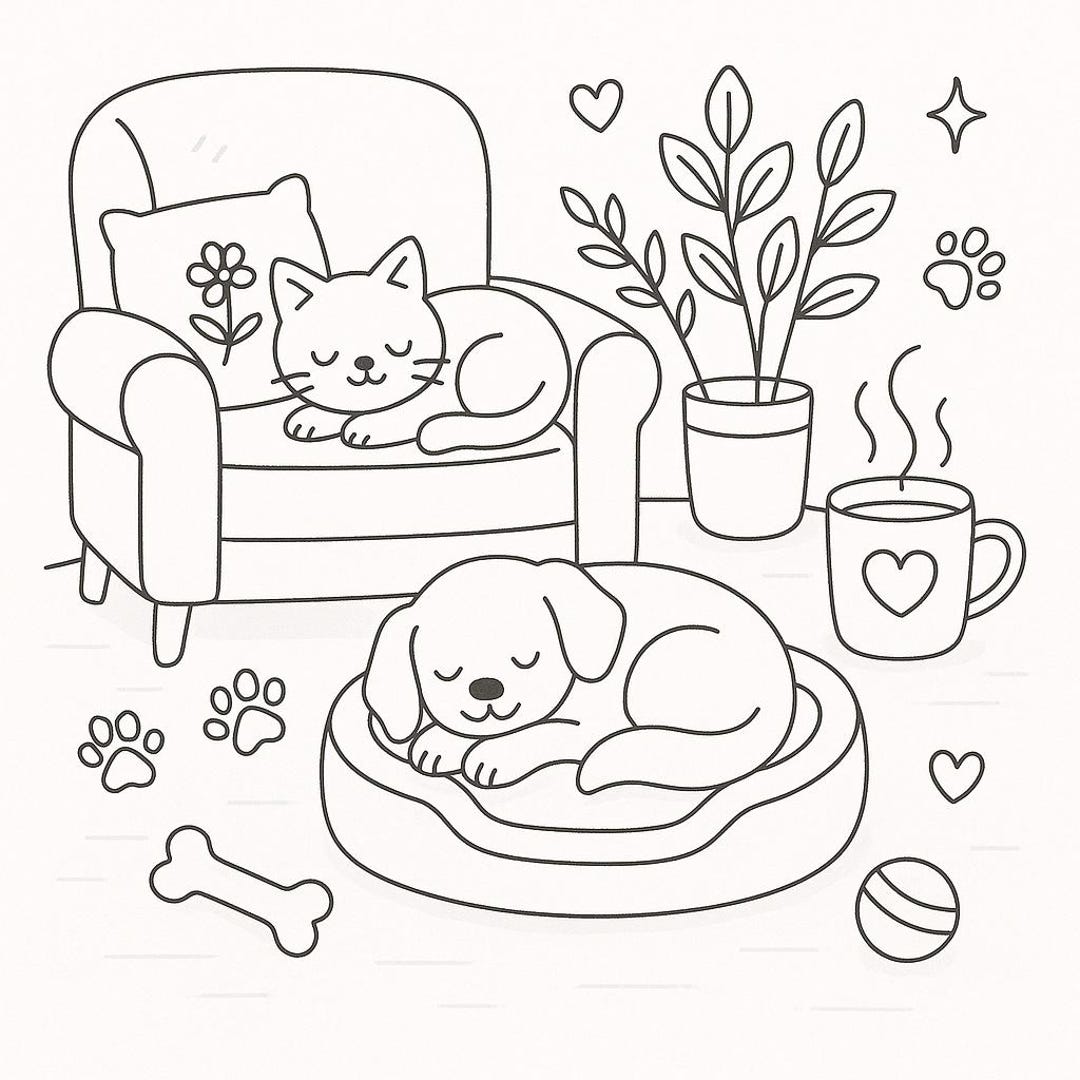 Cozy Dog and Cat Coloring Page | Cute Animal Printable for Relaxation ...