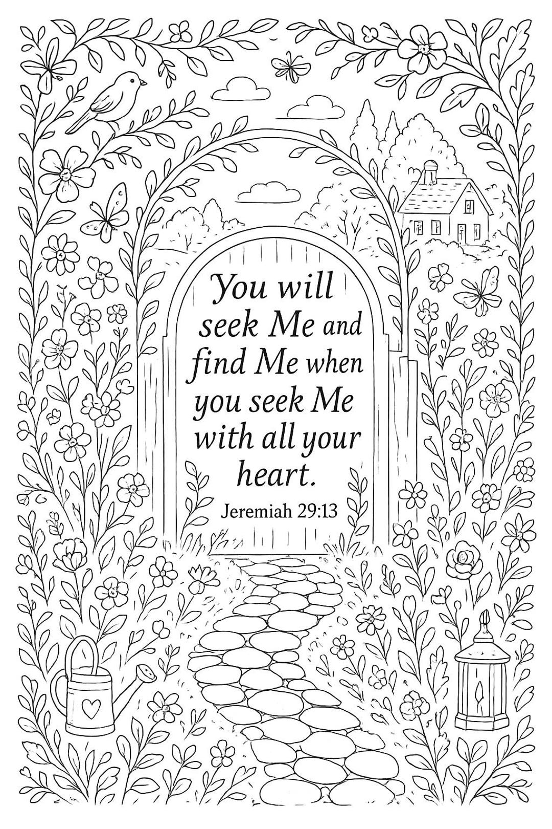 Jeremiah 29:13 Coloring Page | Cottage Garden Bible Verse Printable ...