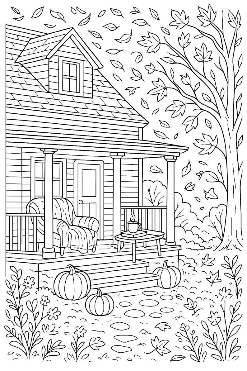 Cozy Fall Porch Coloring Page | Autumn House With Pumpkins, Leaves ...