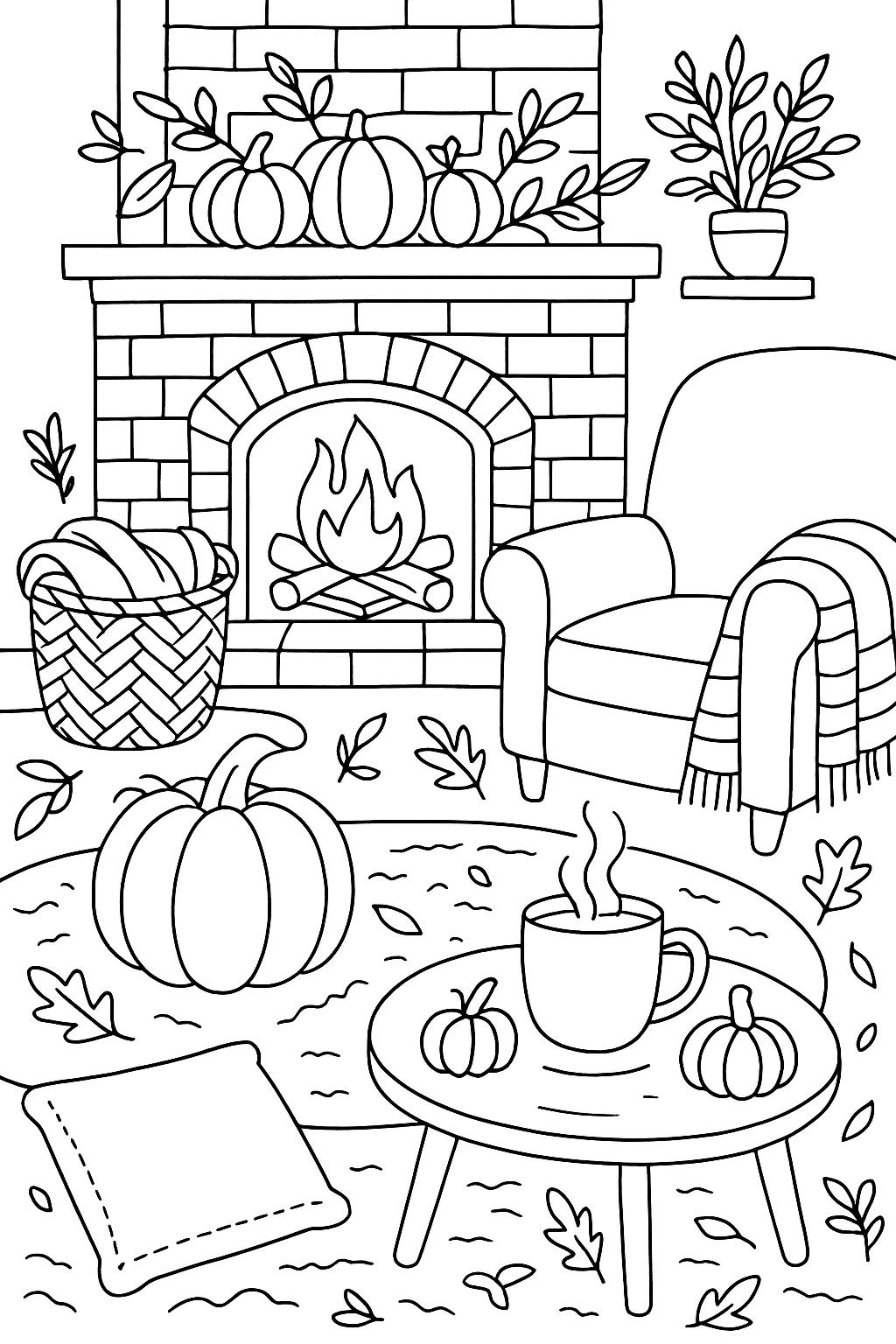 Cozy Fall Coloring Page | Autumn Fireplace, Pumpkins, Coffee & Cat ...