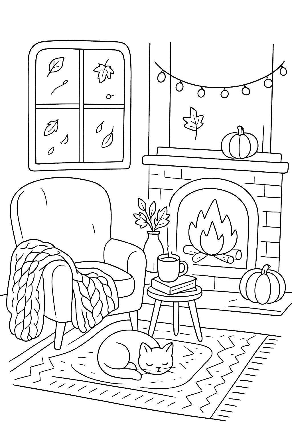 Cozy Fall Coloring Page | Autumn Fireplace, Pumpkins, Coffee & Cat ...