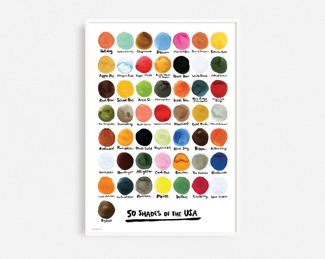 50 Shades of the USA, Quirky American Color Chart Poster. Fun Memento ...
