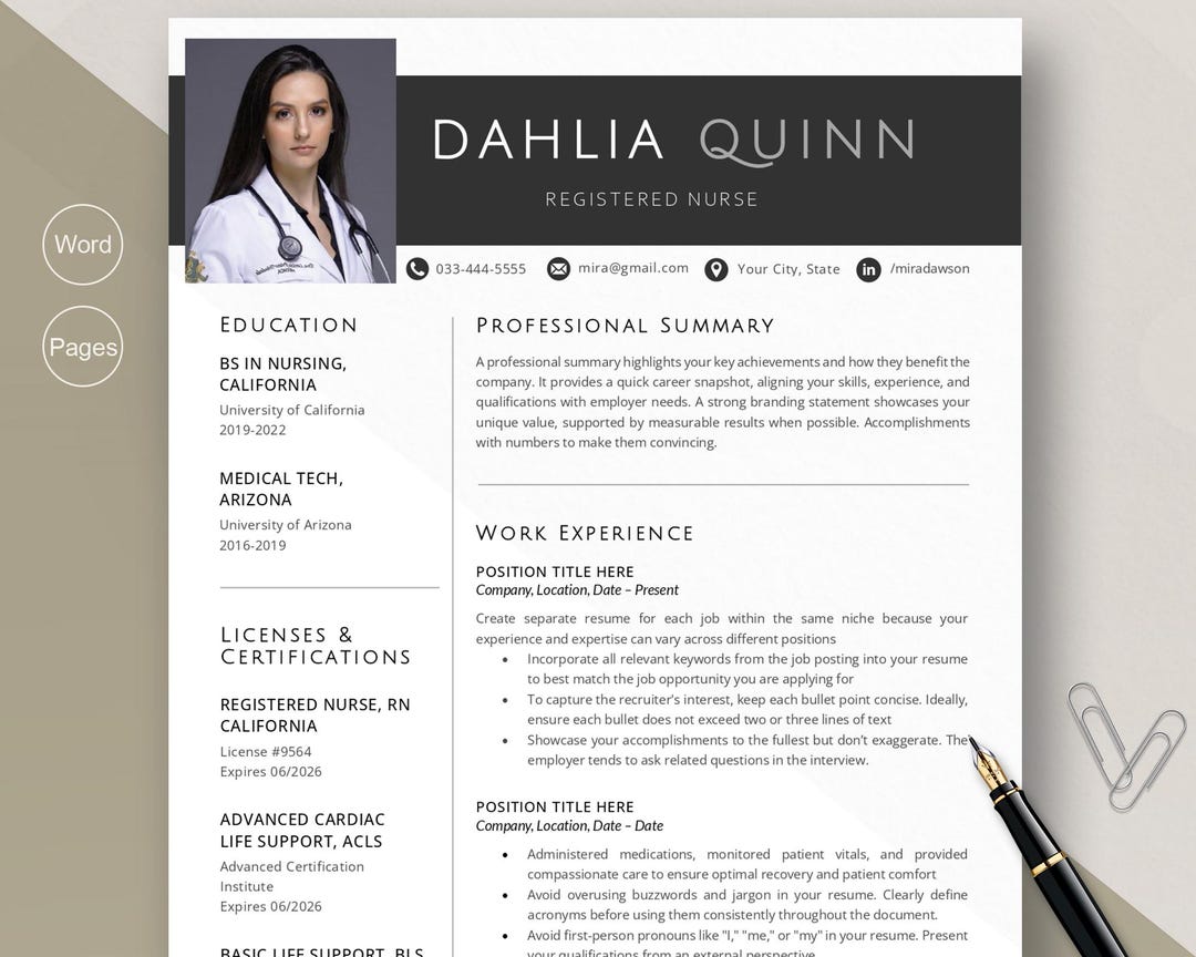 RN Resume Template Nurse, Nurse Resume Template Word, Pages, CNA Resume ...