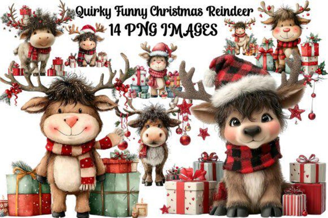Christmas Reindeer Clipart Bundle: Funny PNG Designs (instant Download ...