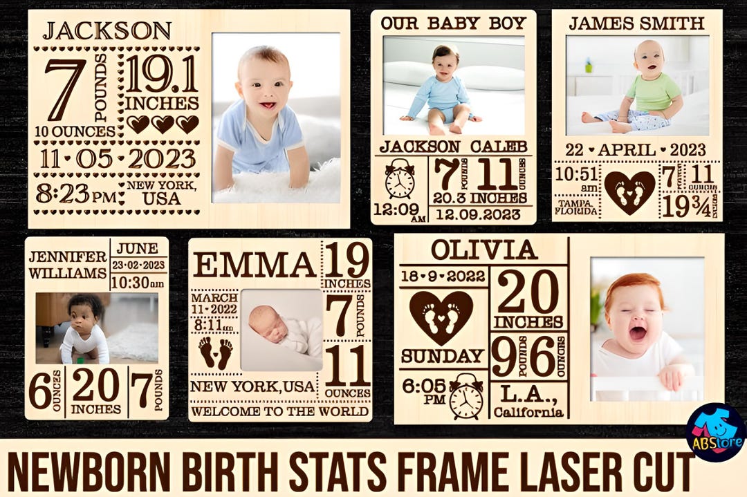 Newborn Birth Stats Frame Laser Cut File, Baby Birth Announcement Frame ...