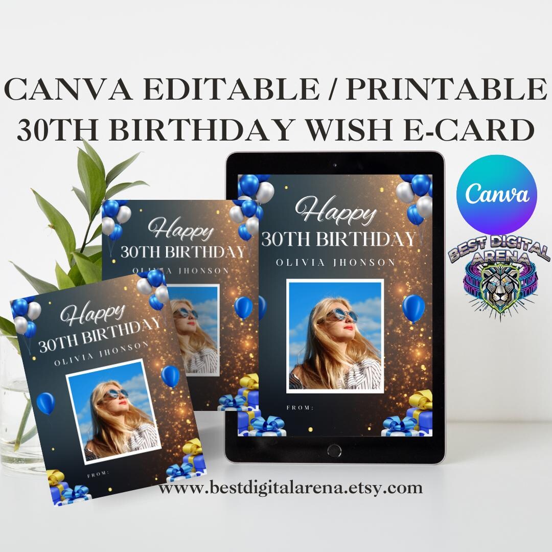 Elegant 30th Birthday Card for Him Her | Blue, White, Canva Editable ...