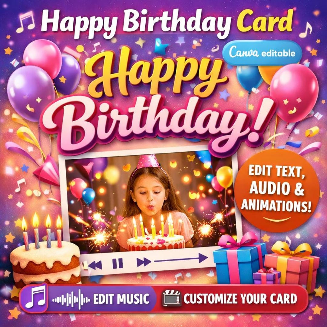 Musical Animated Birthday Card | Canva Editable, Mobile Shareable ...