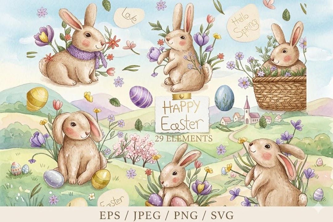 Watercolor Easter Bunny Clipart Bundle, Spring Rabbits, Eggs 29 ...