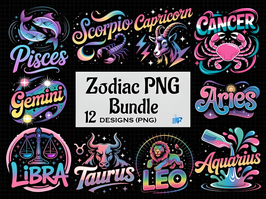 Zodiac Sign Designs, 12 Print on Demand Astrology PNG Files, Instant ...
