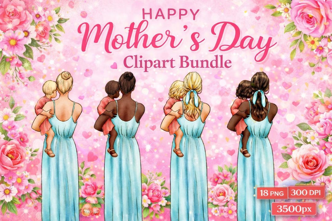 Mom Daughter Clipart Bundle, Watercolor Mothers Day PNG (instant ...