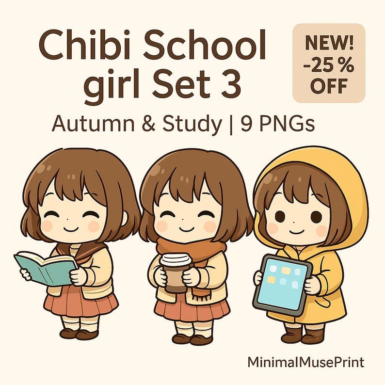Chibi Schoolgirl Clipart: Autumn Study Anime Stickers (digital Download ...