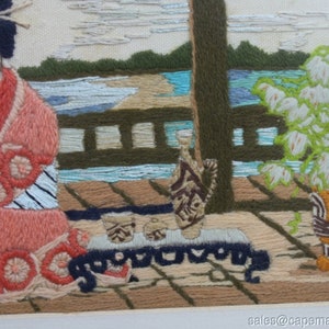 Needlepoint Asian Scene Woman Playing Flute Seated Male Yarn Silk Linen ...