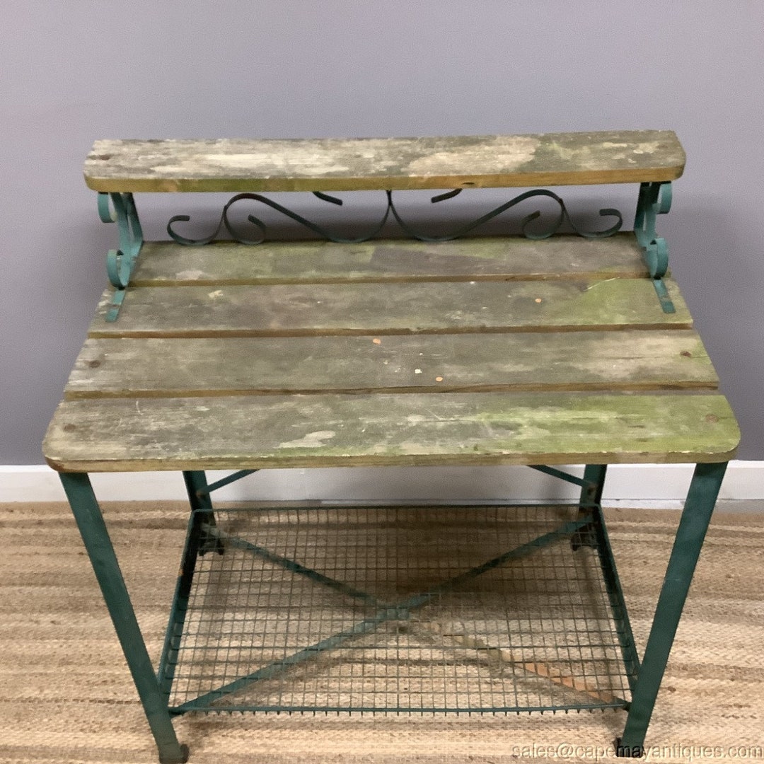 Potting Garden Table Wood Iron Metal Grate Bottom Scrolled Iron Vintage ...