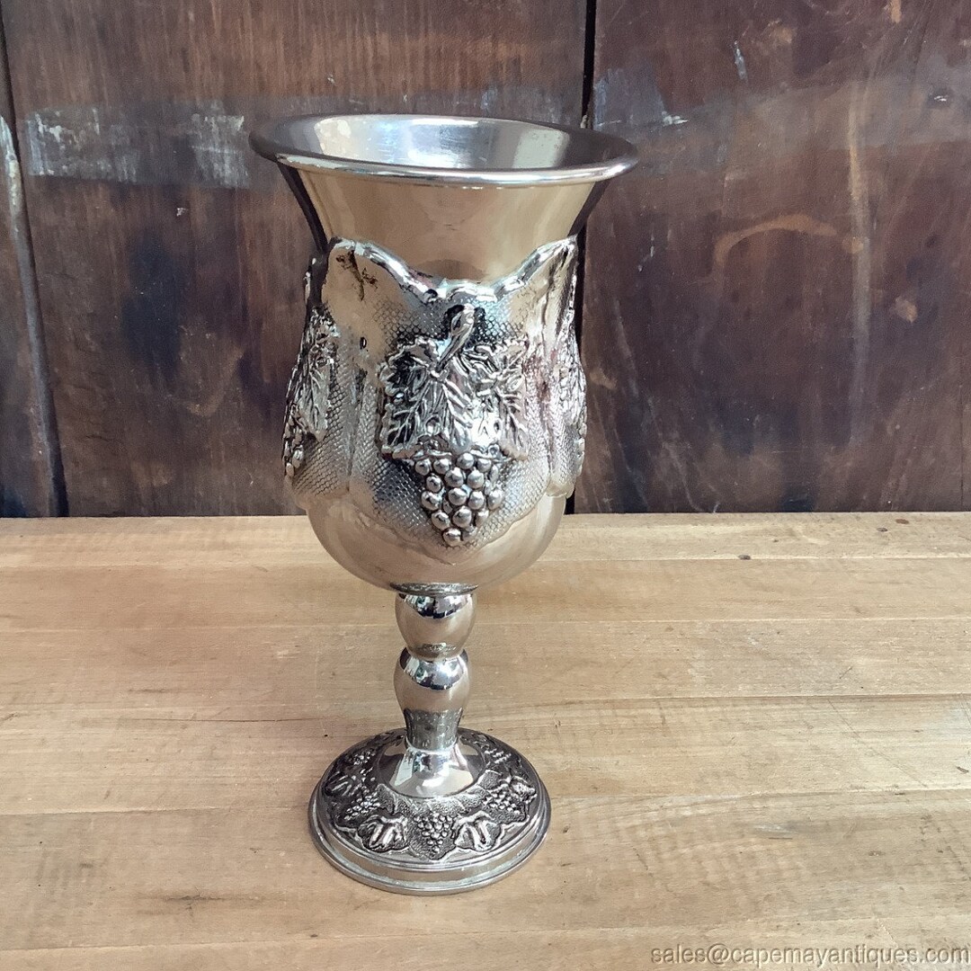 Silver Plate Chalice Footed Cup Grape Bunches Vine Leaf Relief Pattern ...