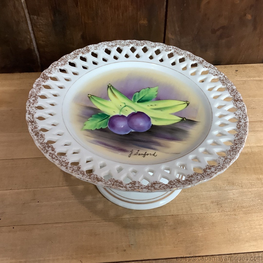Vintage Porcelain Pedestal Compote Stand Fruit Bananas Plumbs Signed ...