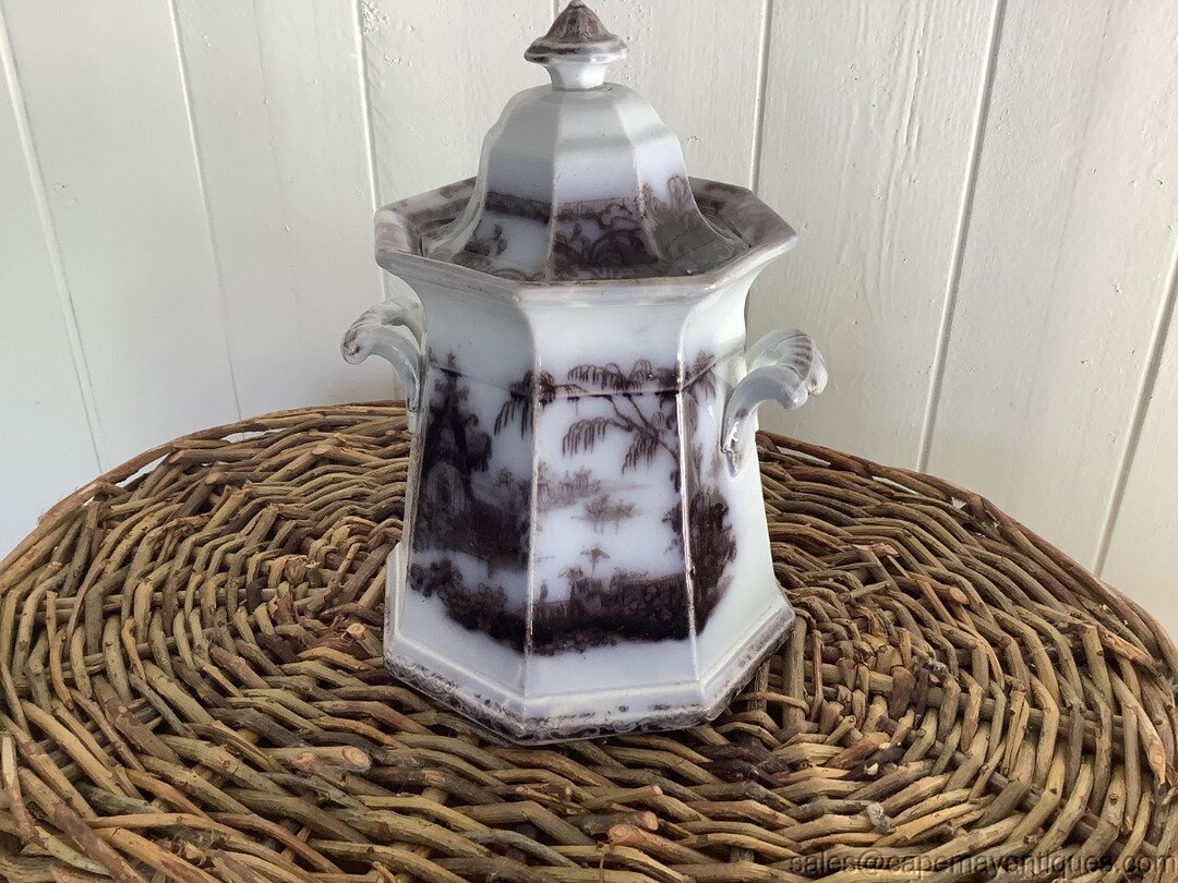 Antique Mulberry Black Transferware Sugar Pot Jar Canister Stoneware ...