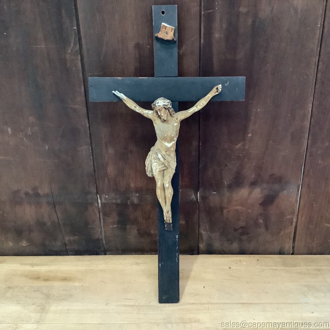 Vintage Wood Church Cross Ceramic Body of Jesus Black Wood Chippy ...