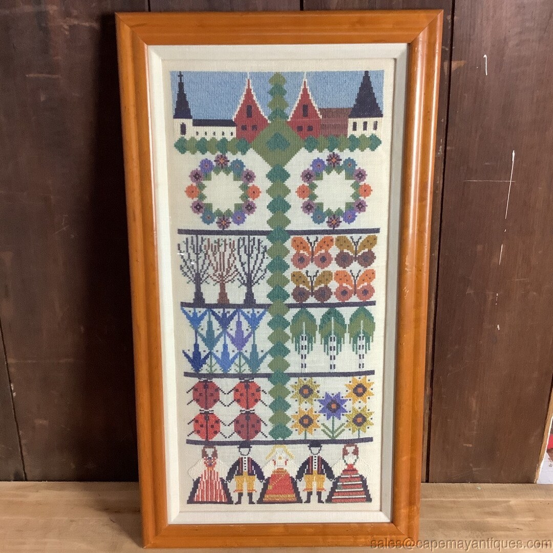 Vintage Cross Stitch Sampler Completed Framed Church Children Lady Bugs ...