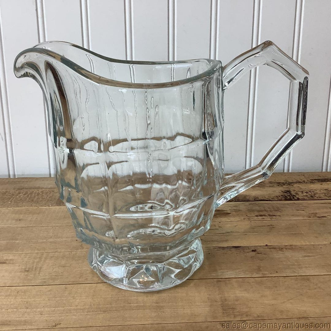 Vintage Clear Pitcher Jug Juice Water Wine Block Design 5 Sided Handle ...