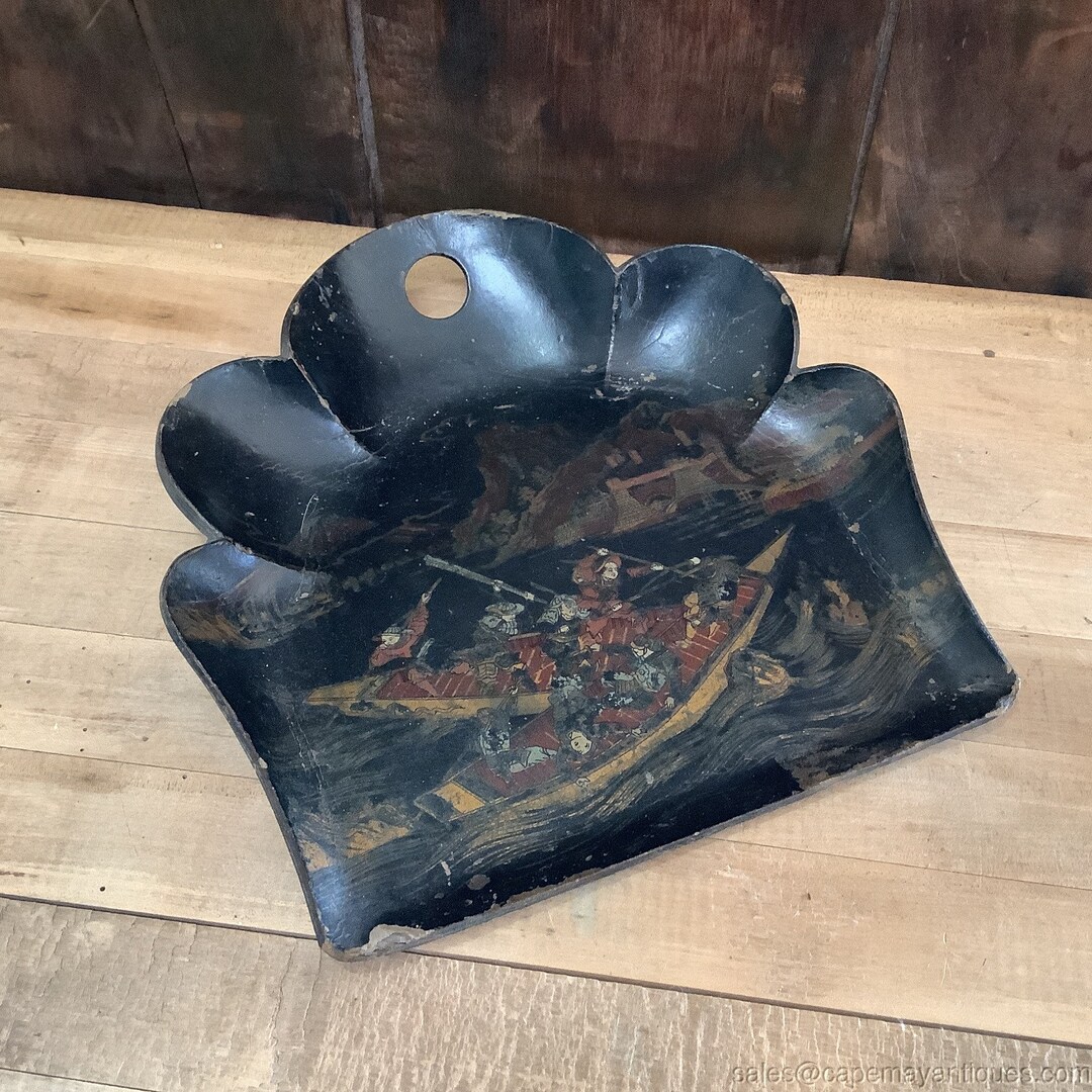 Antique Asian Papered Dust Pan Fan Shape Chinoiserie Boat Fight Scene ...