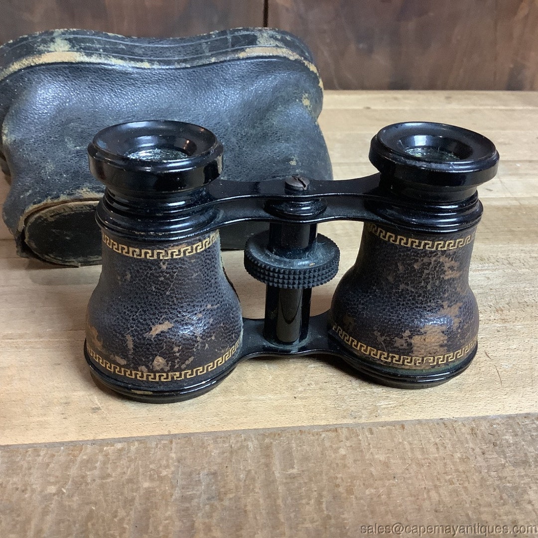 Antique Mini Field Binoculars With Case Leather Wrapped Gold Greek Key ...
