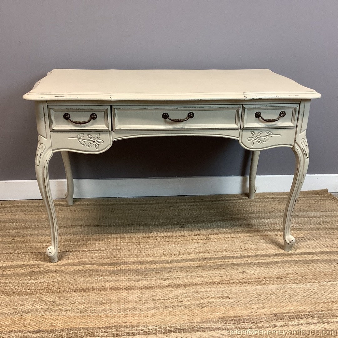 Painted French Country Writing Desk Carved Floral 3 Drawer Solid Wood ...