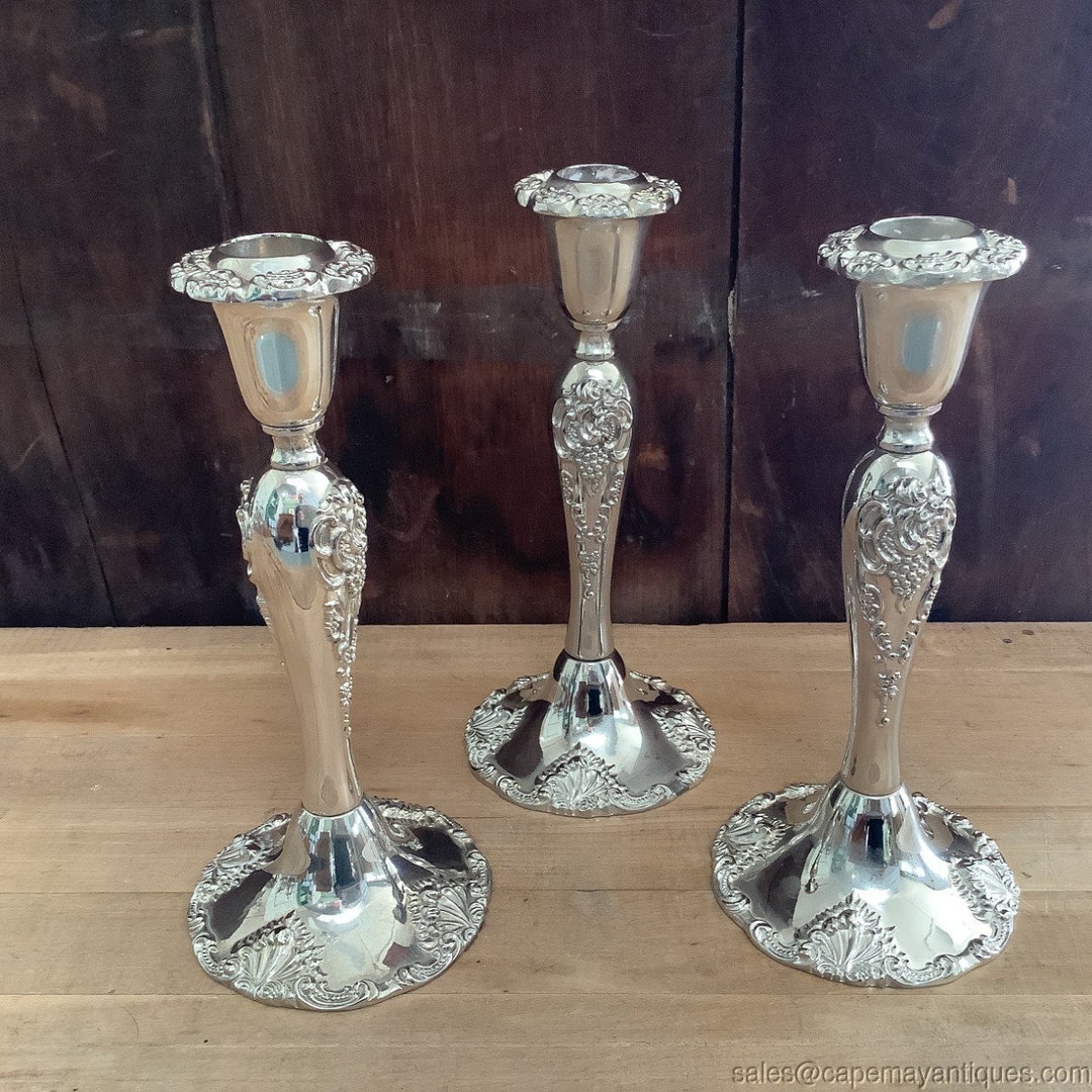 3 Silverplate Candlestick Holders Godinger Signed Baroque Floral ...