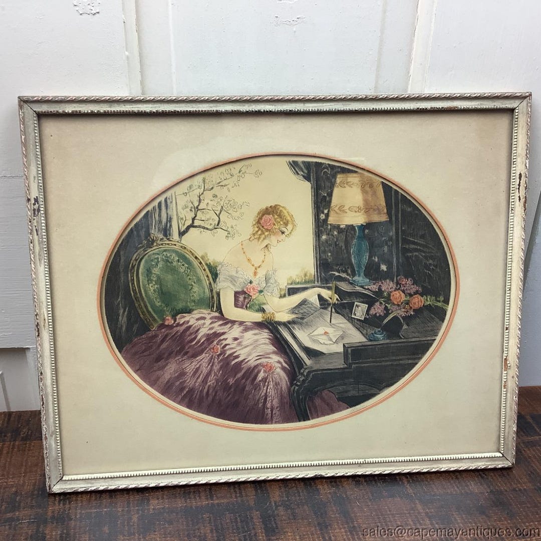 Art Deco Female Print Writing Desk Letter in Gown Oval Print Framed ...