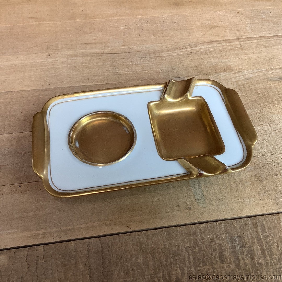 Vintage Porcelain Ashtray Lighter Holder Tray White Gold Mala Limoges ...