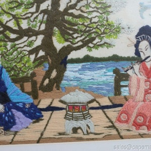 Needlepoint Asian Scene Woman Playing Flute Seated Male Yarn Silk Linen ...