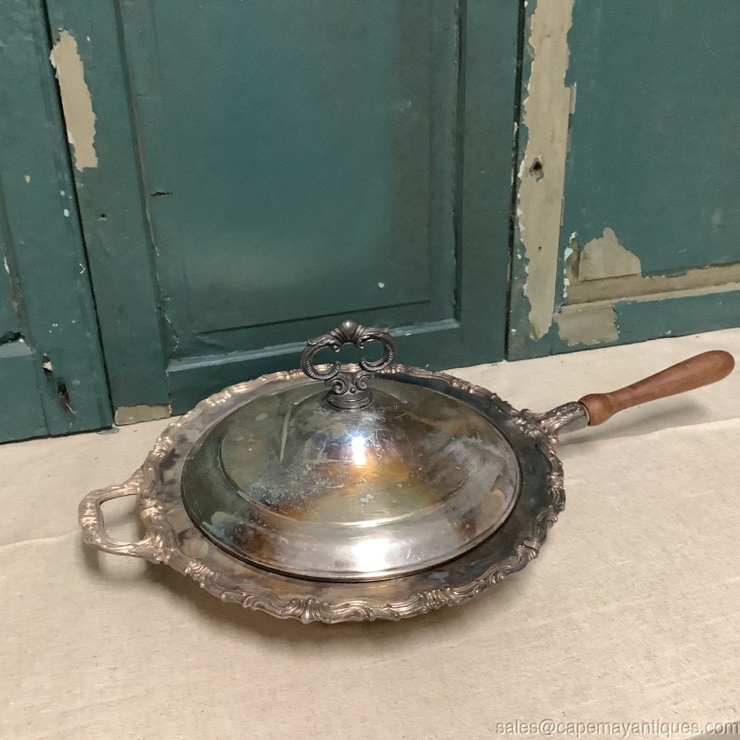 Rogers Silver Plate Warming Chafing Dish Wood Handle Large 13" Diameter ...
