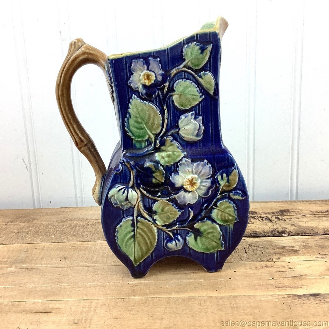 Antique Blue Majolica Pottery Pitcher Vase Joseph Roth London 7.5" T - Etsy