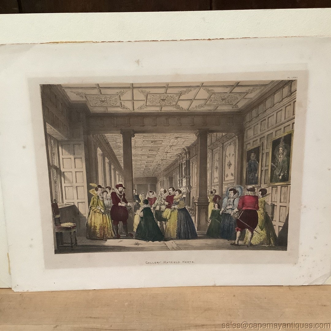 Colorized Lithograph Gallery Hatfield Herts Matted Antique Plate LXVII ...