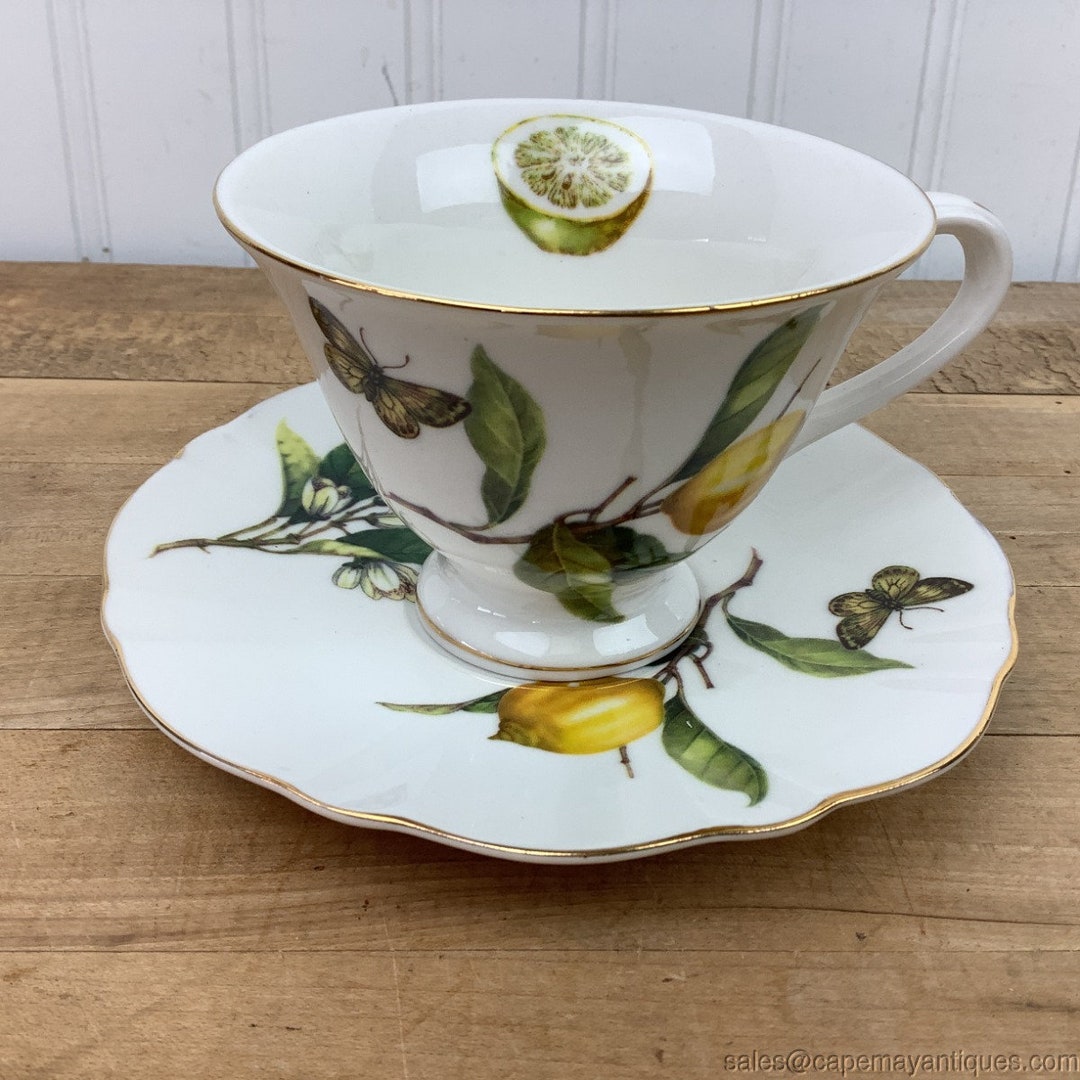 Lemon Teacup and Saucer Set Gracie China Lemon on Stem Green Leaves - Etsy