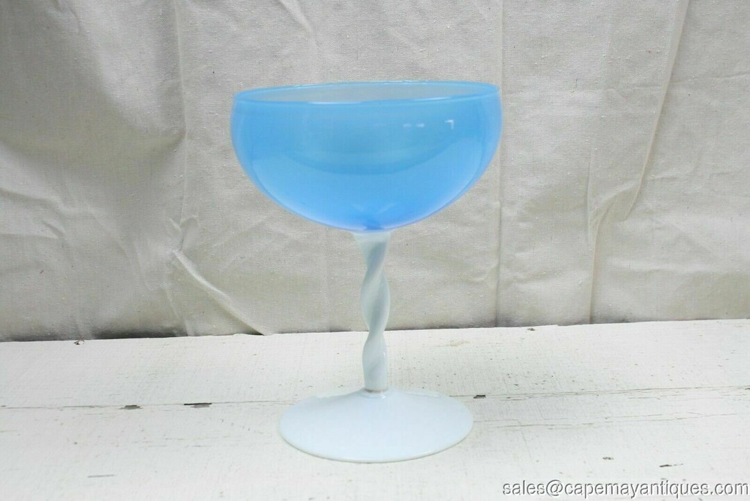 Opaline Glass Compote Blue Bowl White Twisted Stem & Base Veritable ...