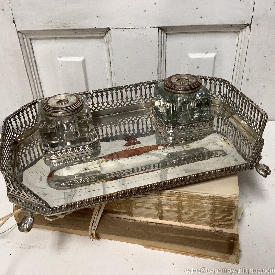 Vintage Silverplate Inkwell W 2 Glass Ink Bottles Reticulated Rim Claw ...