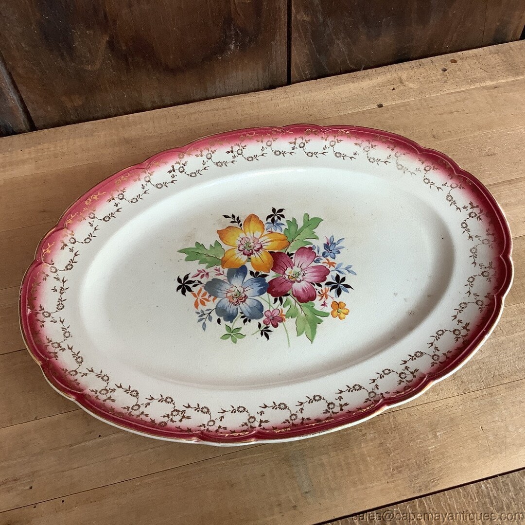 French Saxon China Platter Wrtd 22K Gold Mauve Burgundy Rim Floral ...