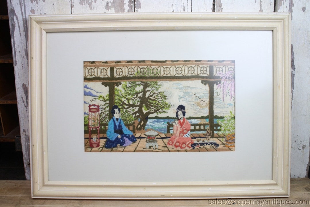 Needlepoint Asian Scene Woman Playing Flute Seated Male Yarn Silk Linen Framed - Etsy