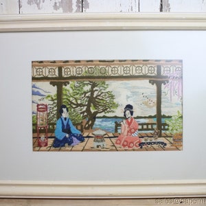 Needlepoint Asian Scene Woman Playing Flute Seated Male Yarn Silk Linen ...
