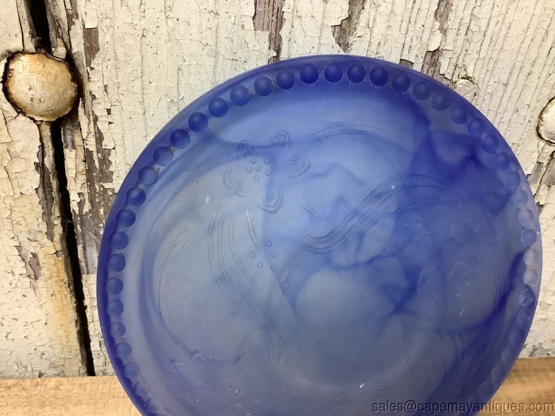 Blue Frosted Swirl Glass Opalescent Lid Beaded Rim Round Dome | Etsy