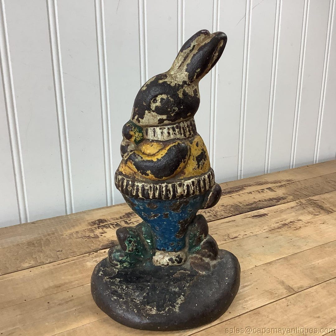 Antique Cast Iron Bunny Rabbit Easter Albany Foundry Yellow Sweater ...