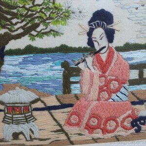 Needlepoint Asian Scene Woman Playing Flute Seated Male Yarn Silk Linen ...